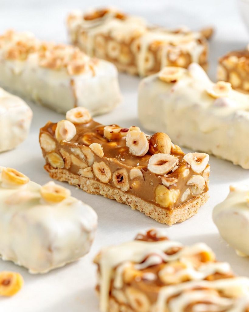 caramel-hazelnut bars covered with white chocolate | vegan and gluten ...